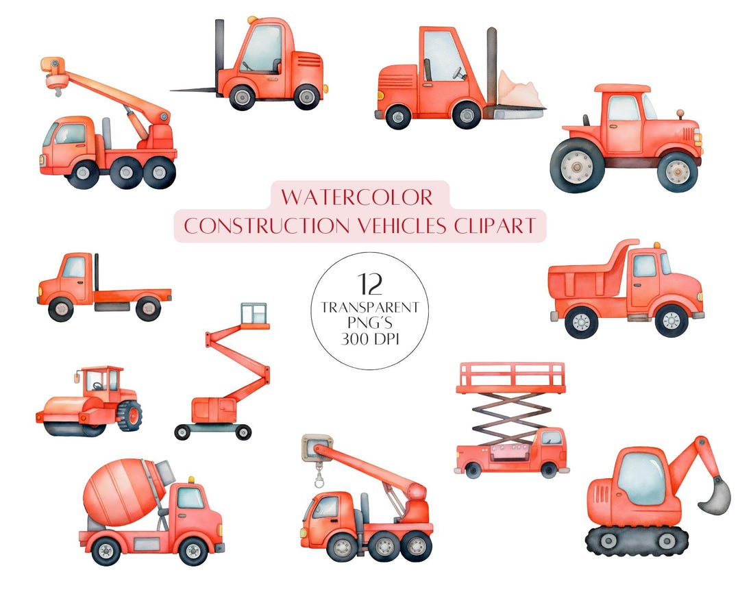Watercolor Construction Vehicles Clipart: Kids Birthday (digital ...