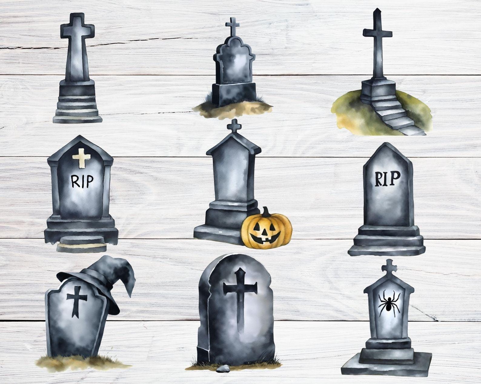 Gravestone Clipart, Watercolor Gravestones, Graveyard Clipart ...