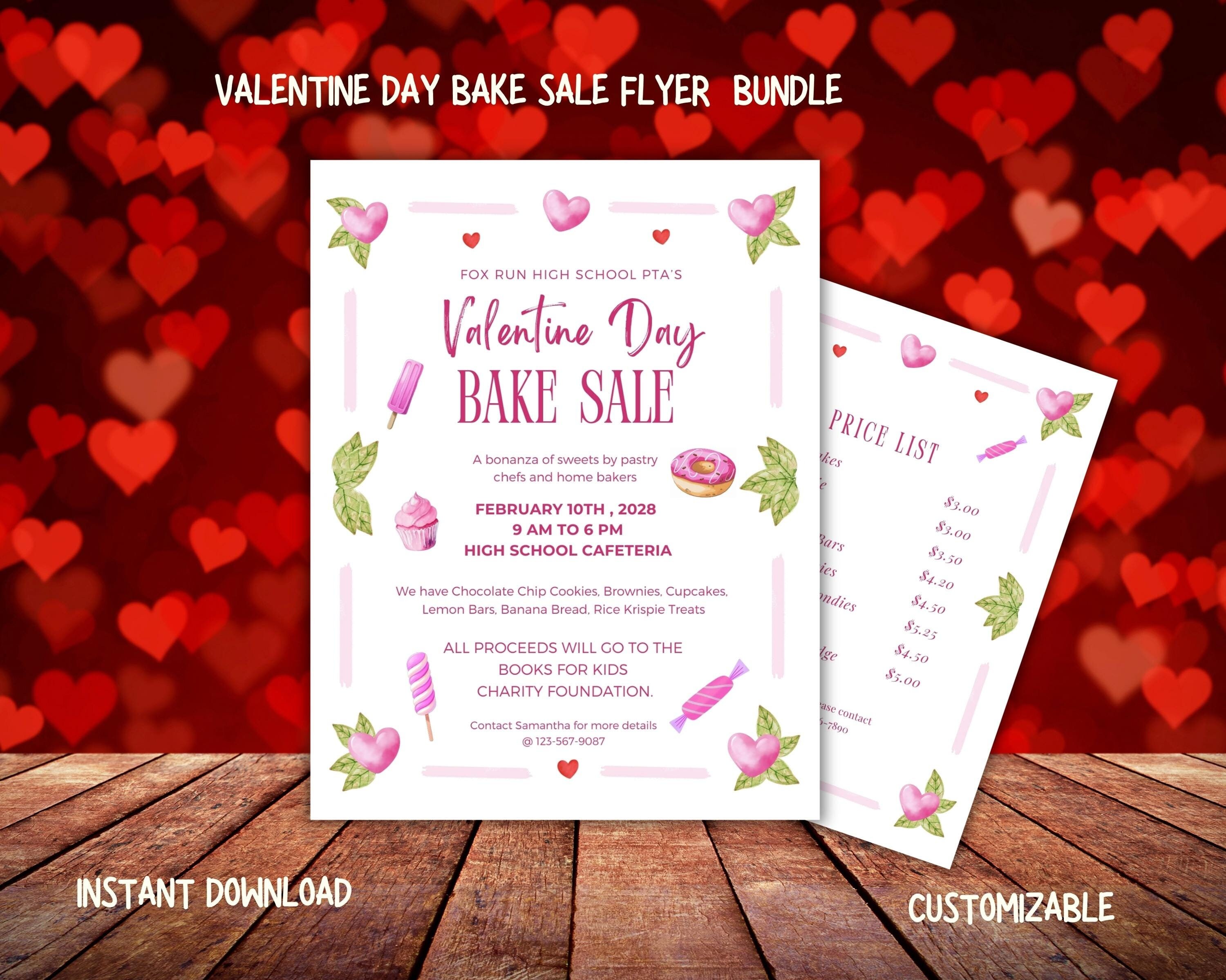 Editable Valentine's Day Bake Sale Flyer Template, Printable School ...