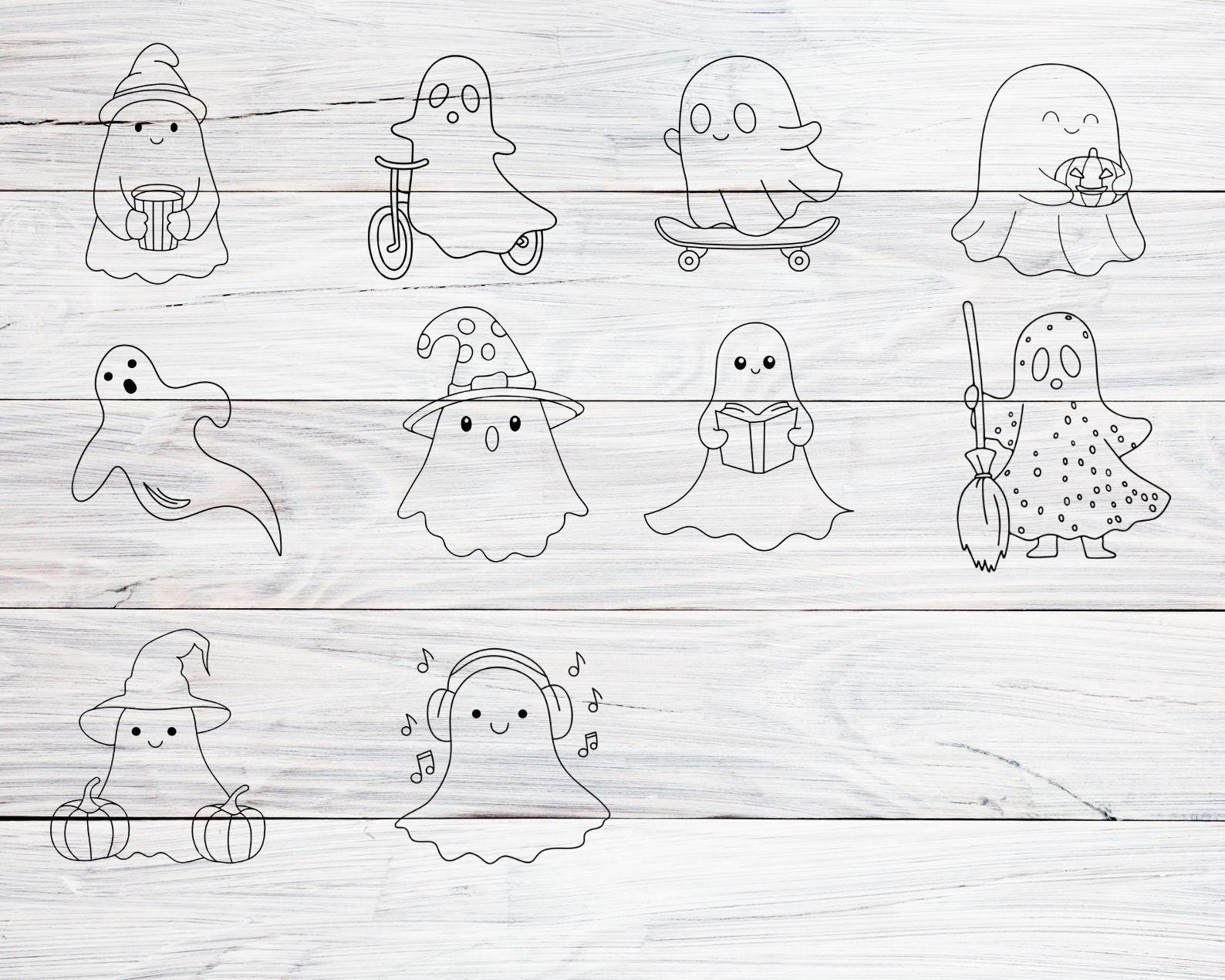 Ghost Doodle Outline Clipart, Black Outline Halloween Cute Ghosts ...