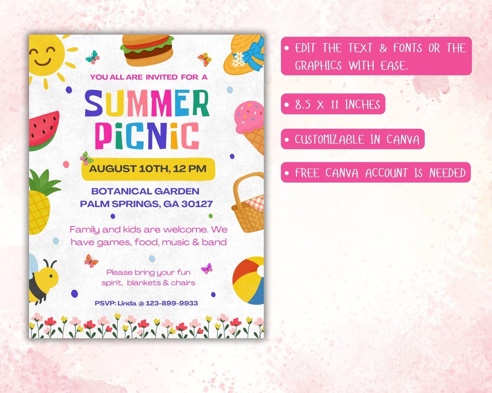 Editable Picnic Invitation Flyer: Summer Party Printable Canva Template ...