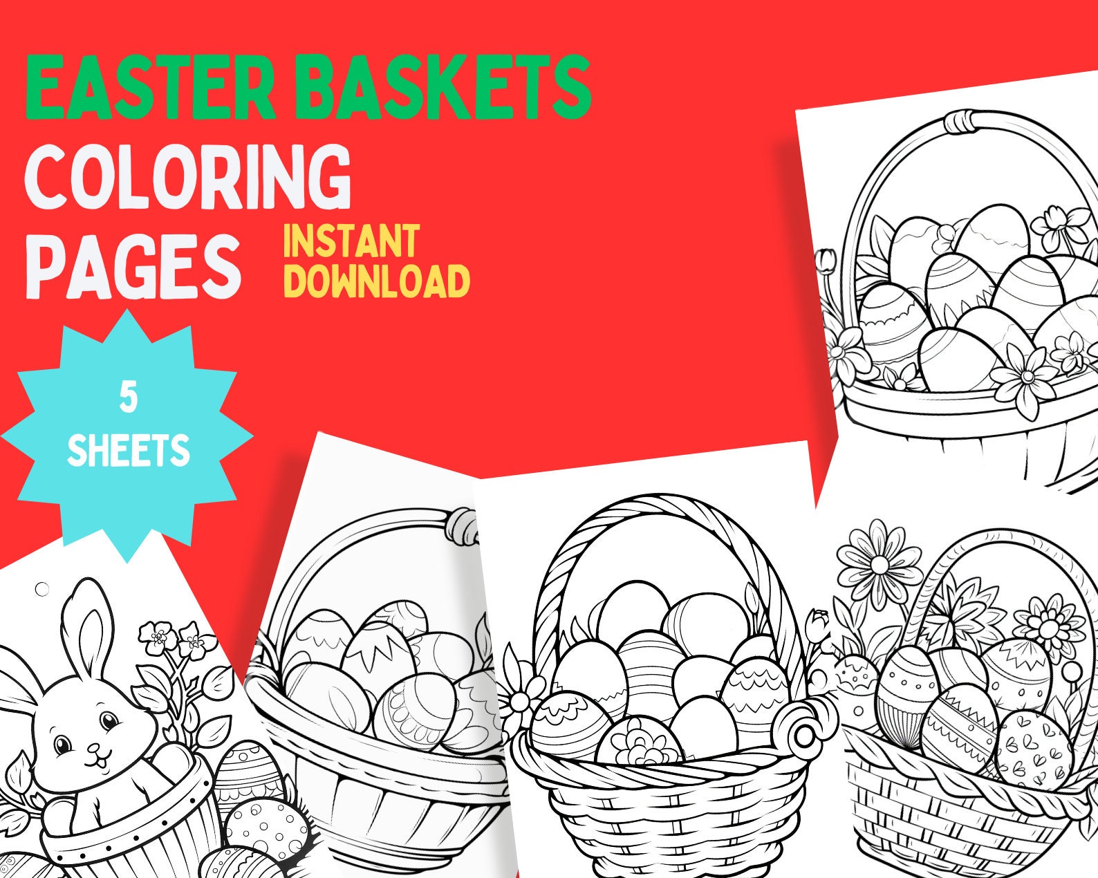 Easter Eggs Basket Coloring Pages Instant Download - Etsy