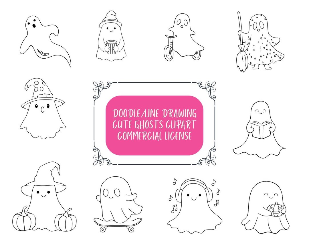 Ghost Doodle Outline Clipart, Black Outline Halloween Cute Ghosts ...