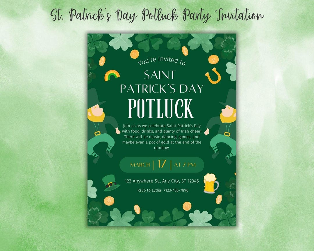 St Patricks Day Potluck Invitation Template | St Patricks Party Flyer ...
