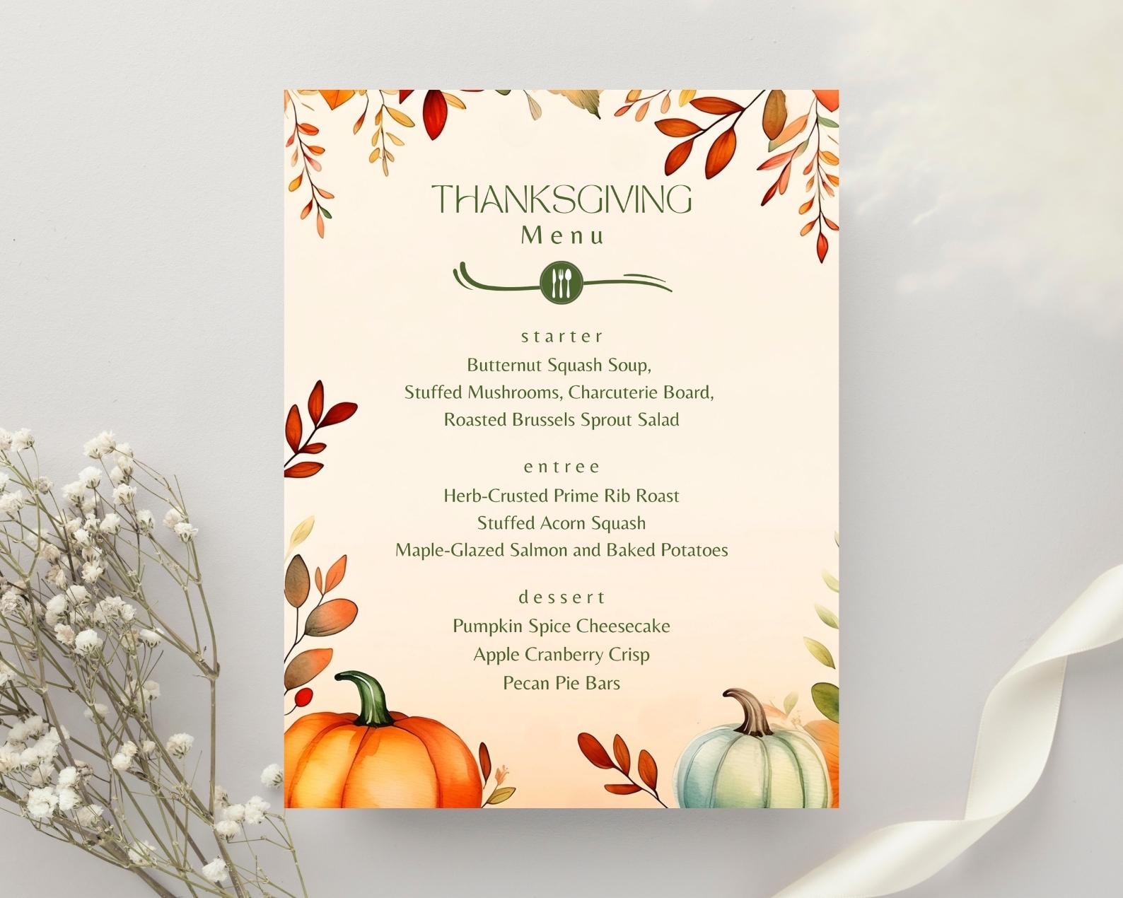 Editable Thanksgiving Menu Template | Printable Holiday Dinner Menu ...