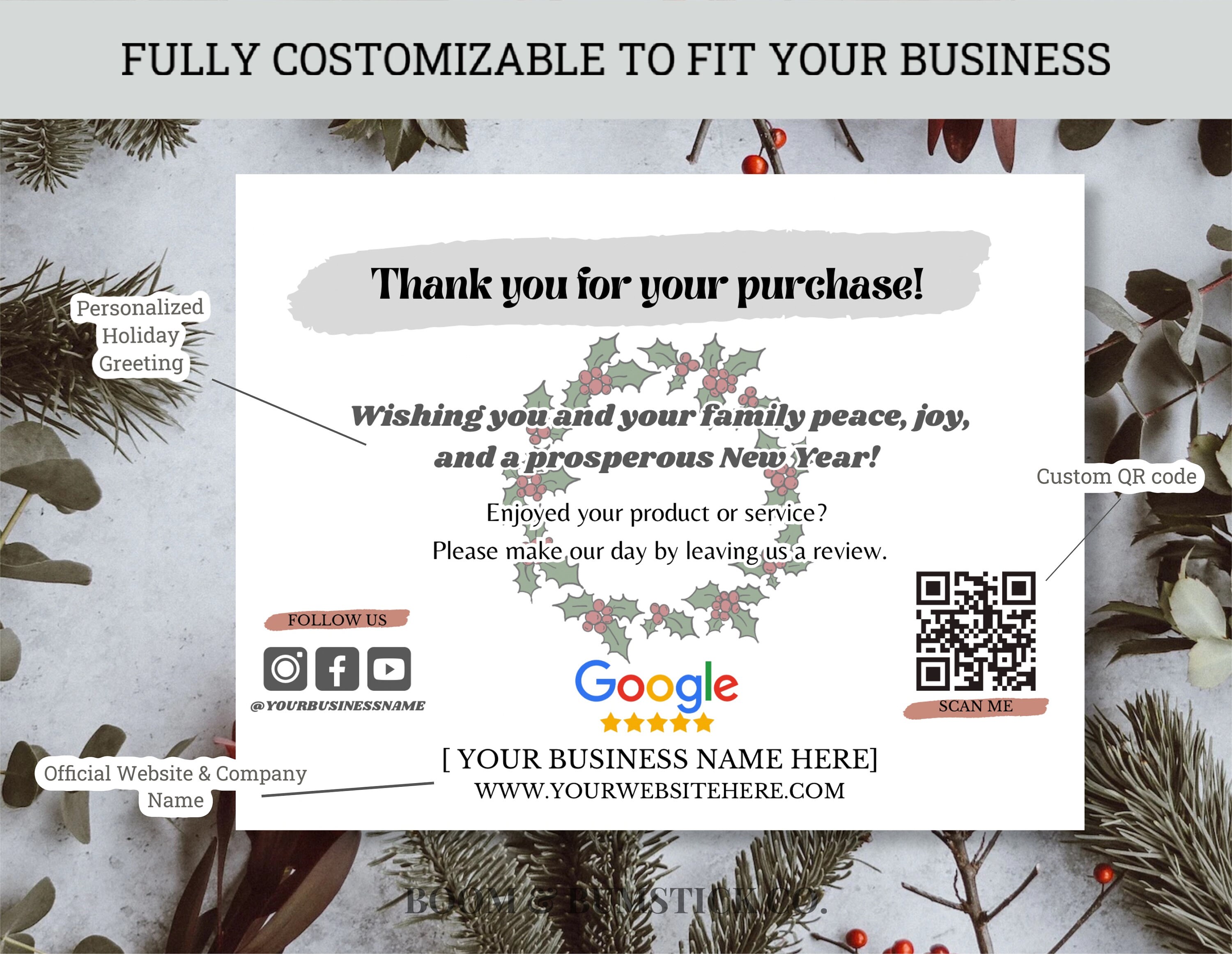 Editable Holiday Business Thank You Card Template, Christmas Wreath ...
