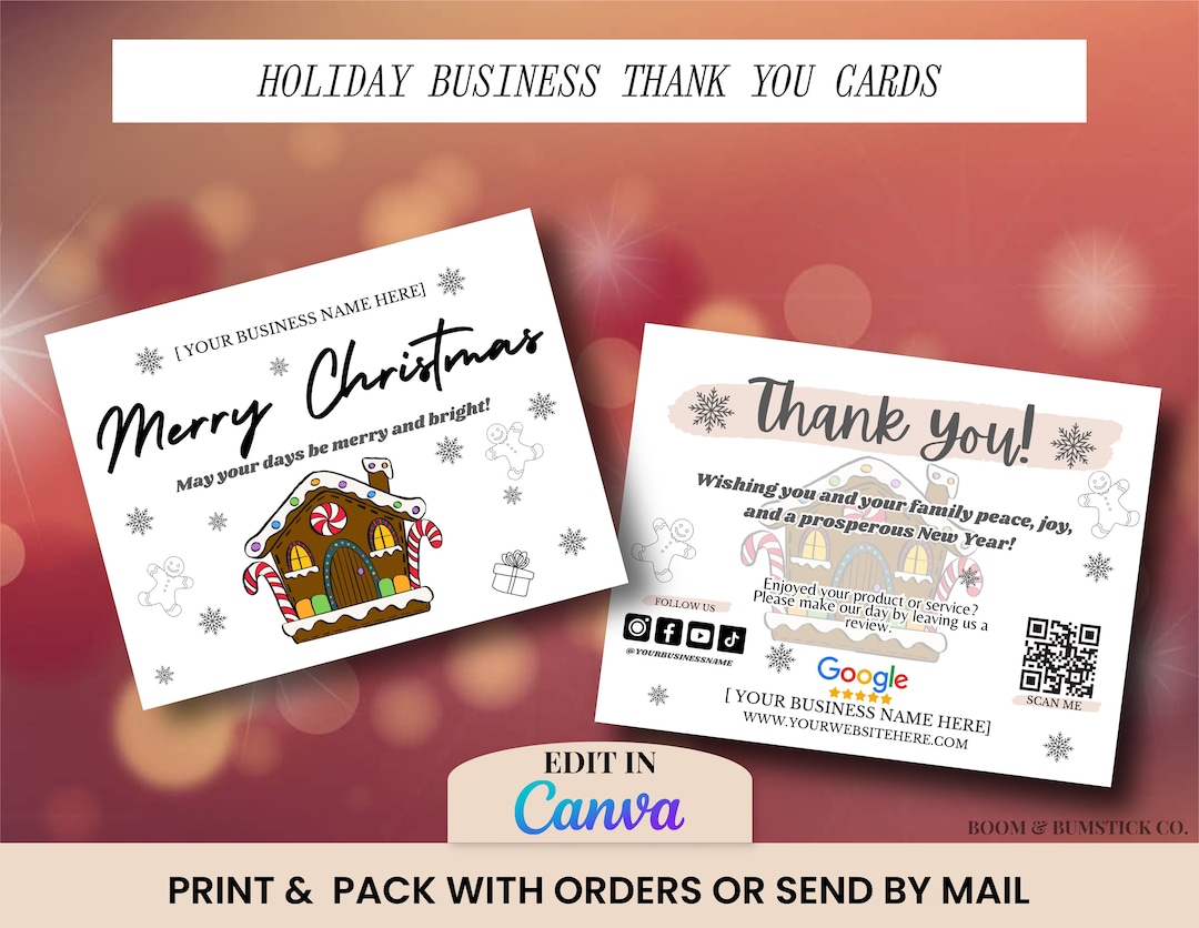 Editable Holiday Christmas Thank You Business Card Template, Hand Drawn ...