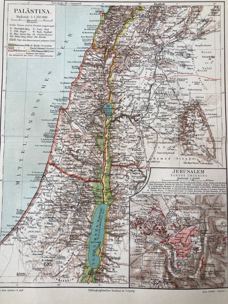 Palestine. Map. Card. Geography. Antique Lithograph. Original. Vintage ...