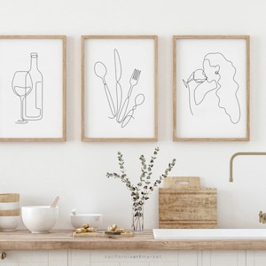 Kitchen Wall Art Set of 3, Line Drawing Kitchen Prints, Food Drink ...