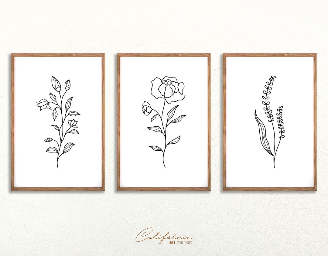 Flower Line Art Set of 3, Floral Line Drawing, Minimal Flower Prints ...
