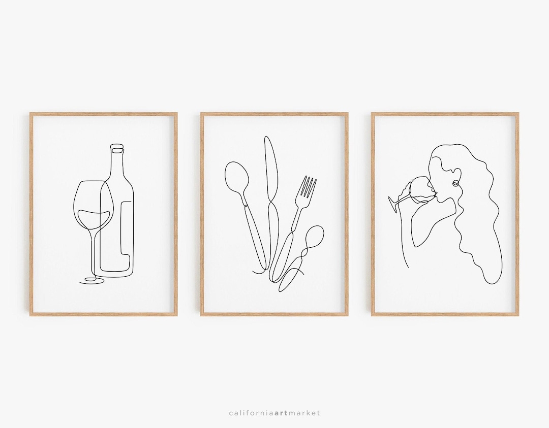 Kitchen Wall Art Set of 3, Line Drawing Kitchen Prints, Food Drink ...