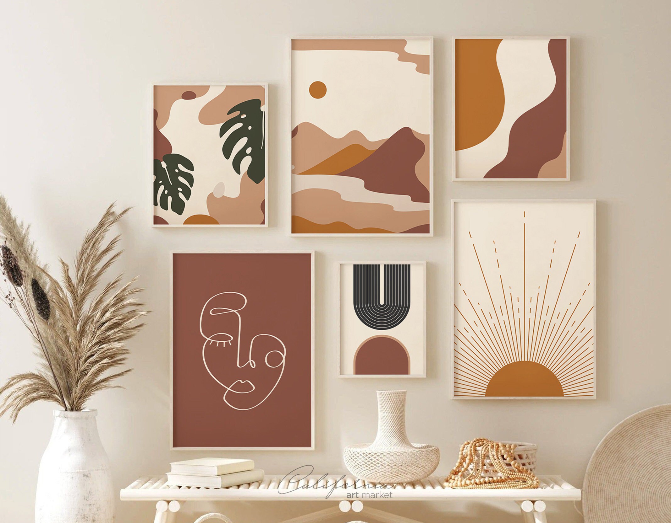 Boho Abstract Leaf Art Printables Set of 6 Geometric Neutral - Etsy