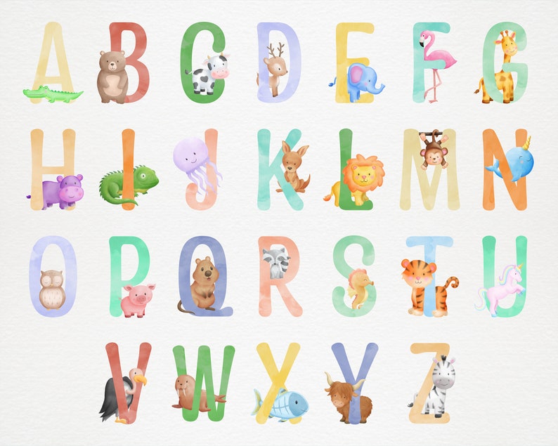Watercolor Alphabet Classroom Decor, Animal Educational Poster, ABC ...