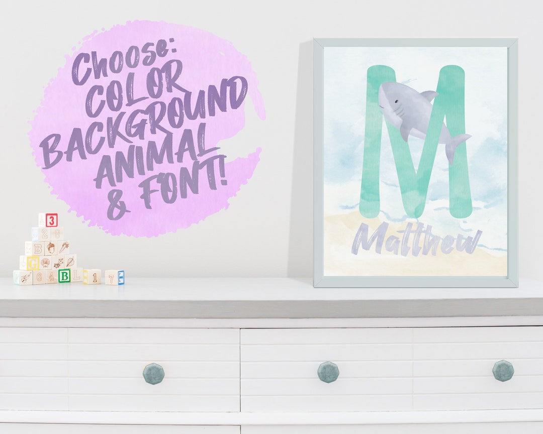 Ocean Theme Name Printable Wall Art for Kids, Baby Shark Watercolor ...
