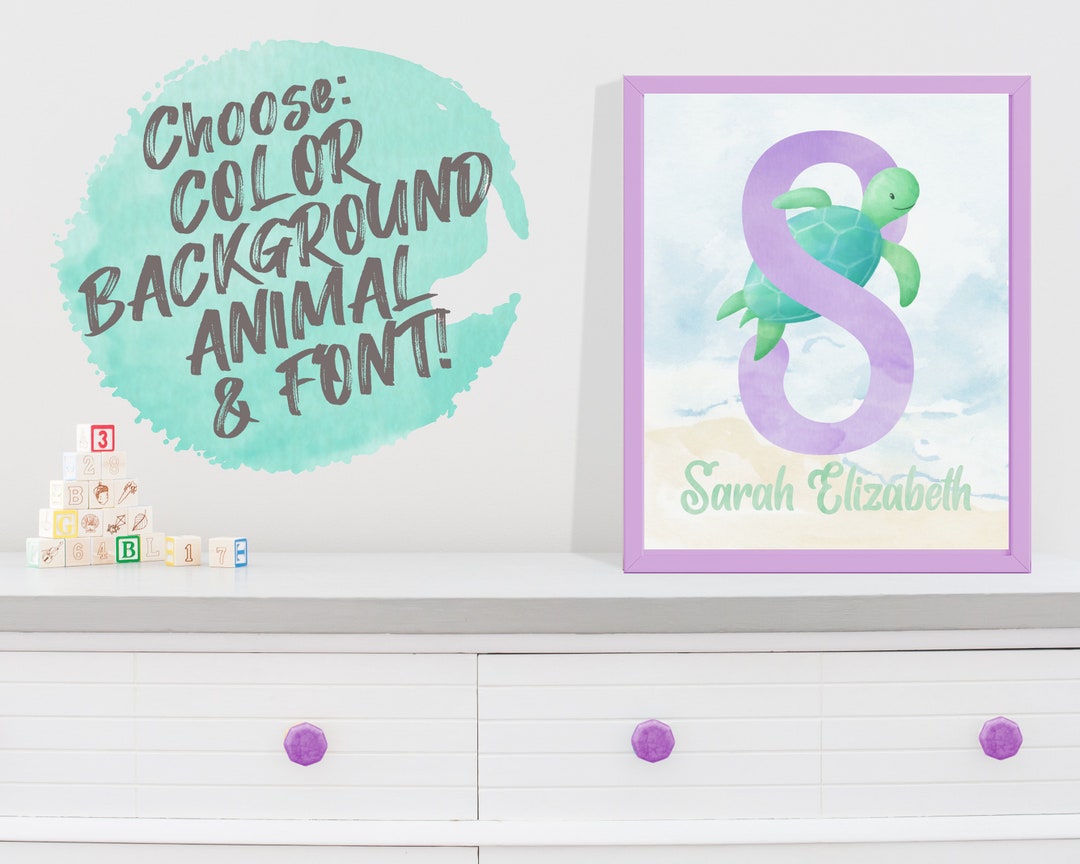 Ocean Theme Name Printable Wall Art for Kid, Sea Turtle Art Watercolor ...