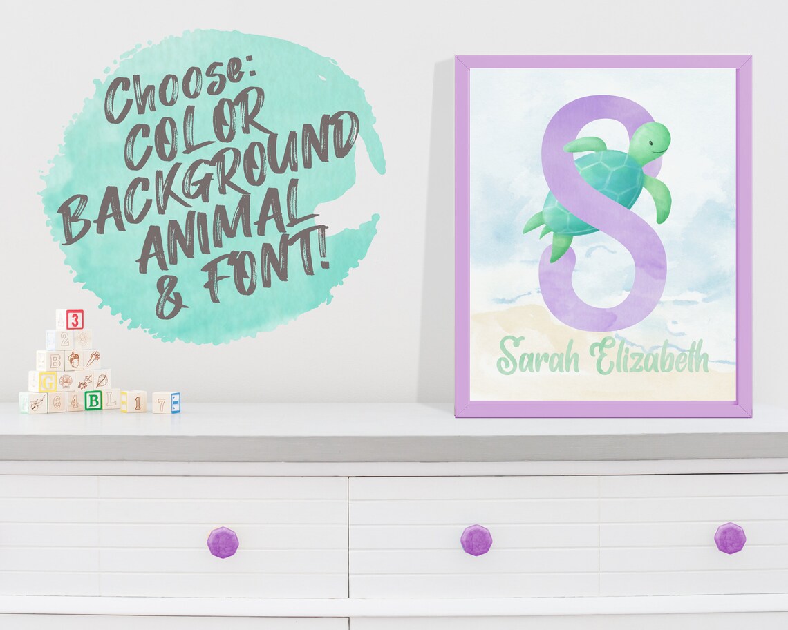 Ocean Theme Name Printable Wall Art for Kid, Sea Turtle Art Watercolor ...