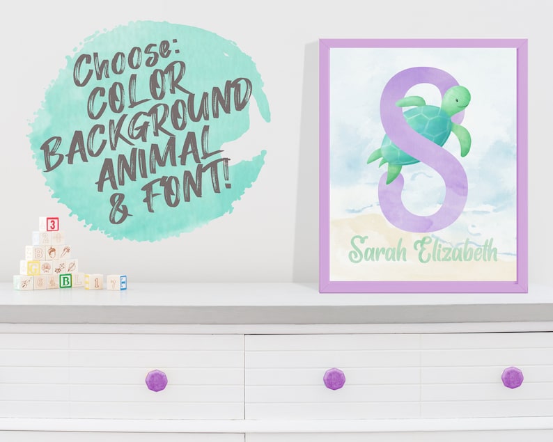 Ocean Theme Name Printable Wall Art for Kid, Sea Turtle Art Watercolor ...