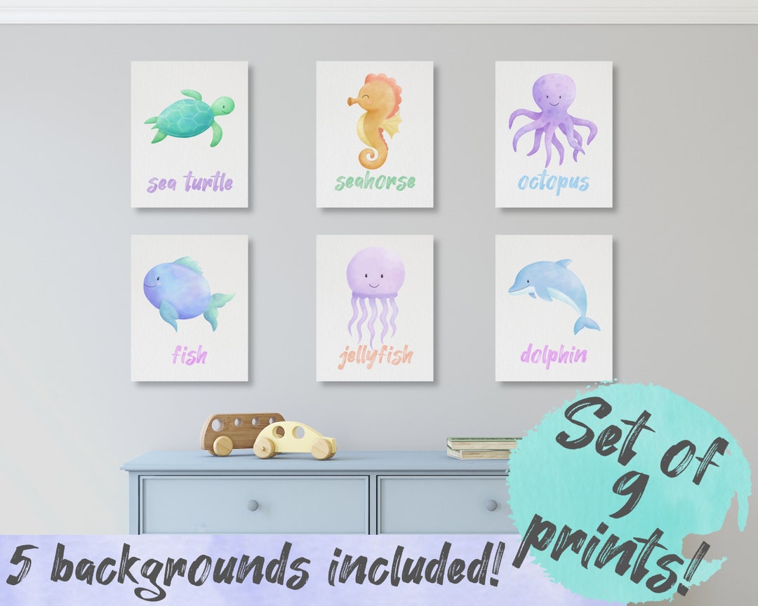 Set of Ocean Theme Watercolor Cute Sea Creature Printable Wall Art for ...