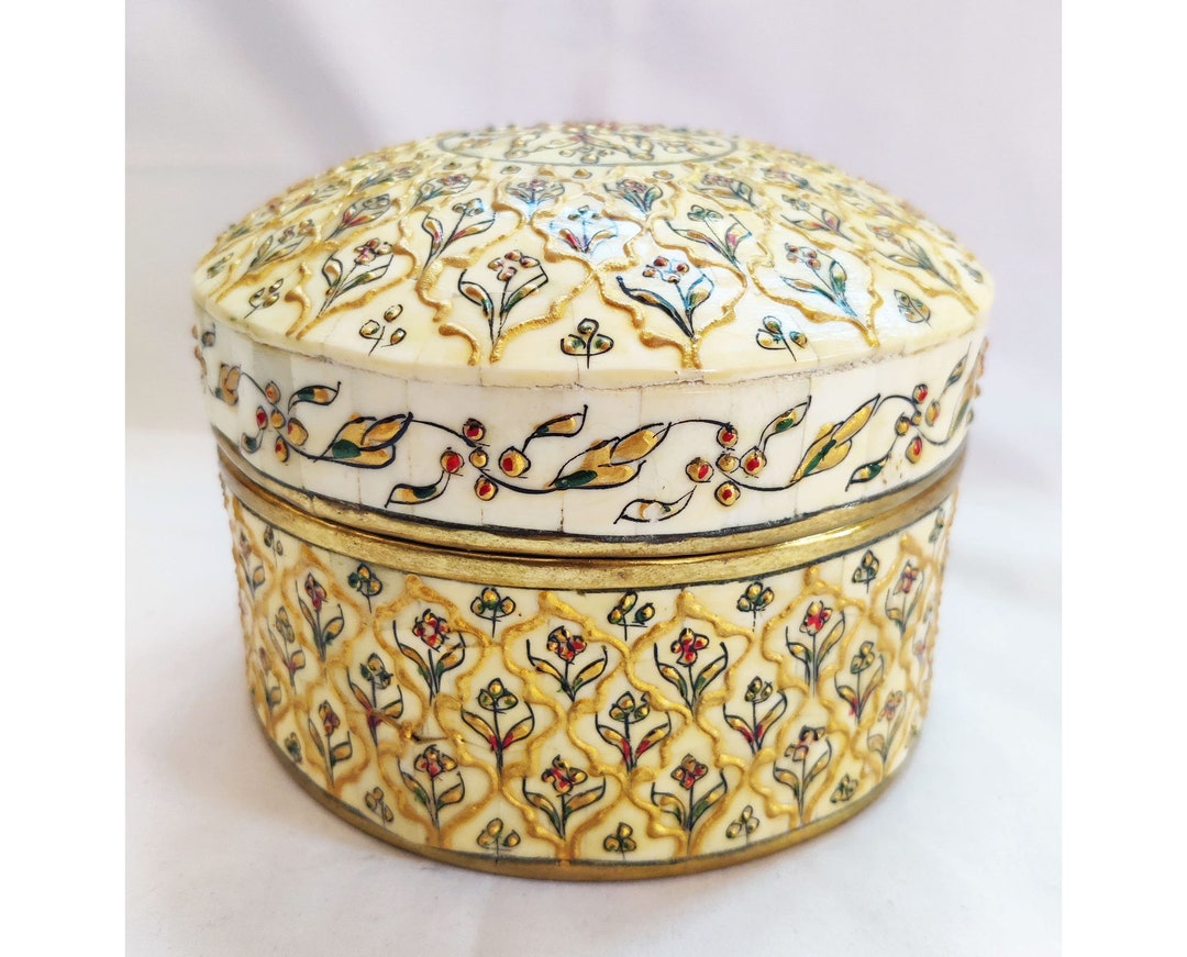 Brass Box Bone Inlay Powder Jar, Jewelry Box, Dresser Box, Vanity Box ...