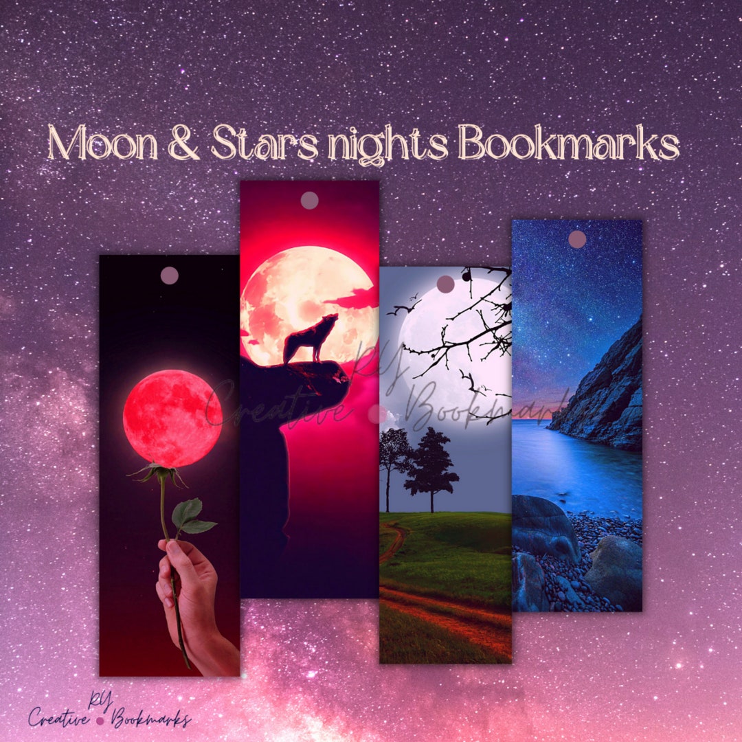 Set of 4 Digital Download Bookmarks of Moon and Stars Night• Unique ...