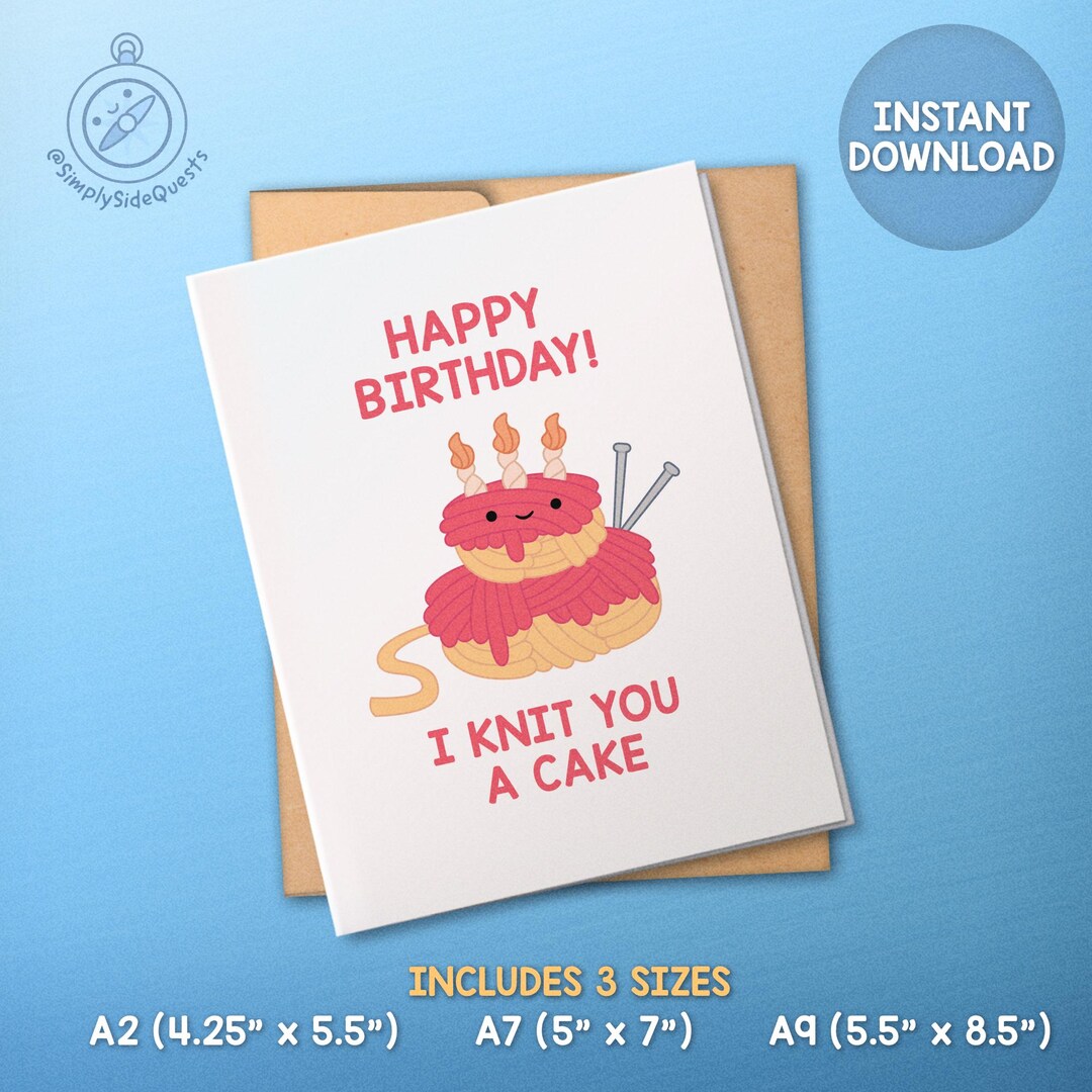 Printable Knitting Birthday Card Knit Birthday Cake Digital Printable ...