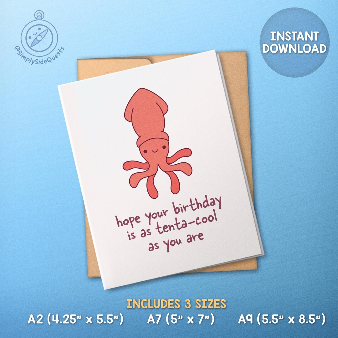 Printable Squid Birthday Card Tentacool Birthday Digital Printable ...