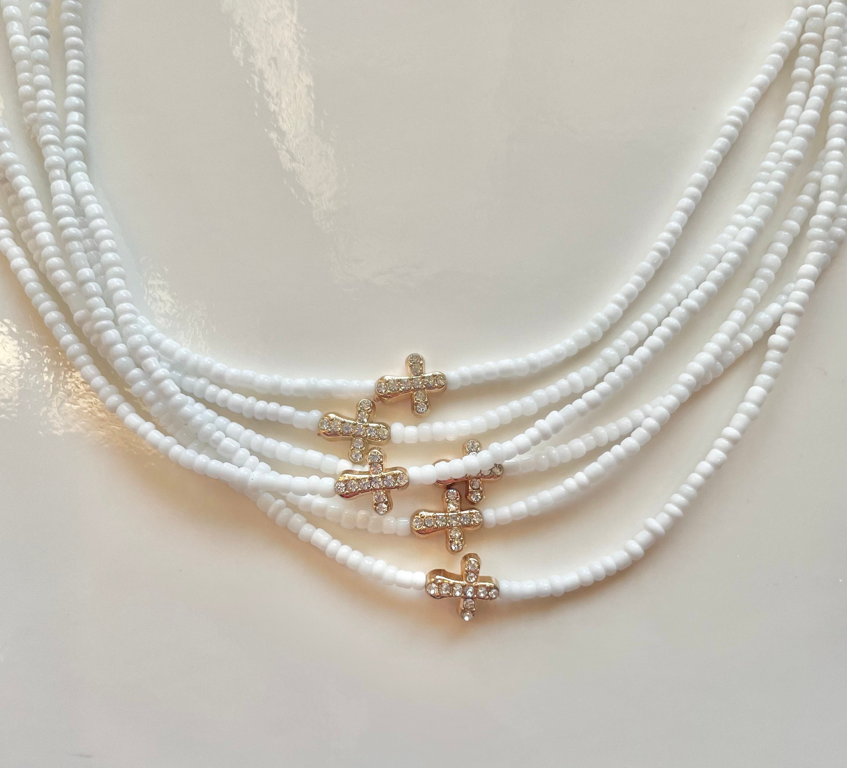 White Seed Bead Gold Cross Necklace | Beaded Cross Necklace - Etsy