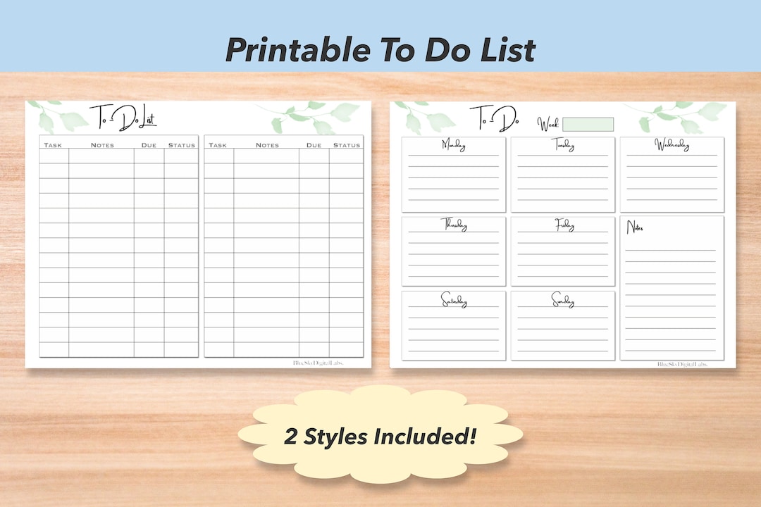 Printable to Do List - 2 Styles - 2 Sizes Letter and A5 - Etsy