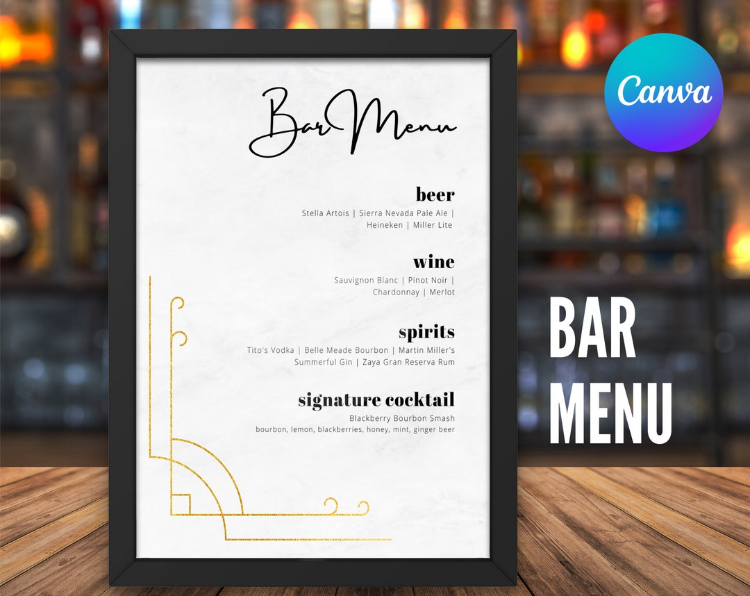 Bar Menu Template, Sign | Wedding, Party, Reception, Event | Drinks ...