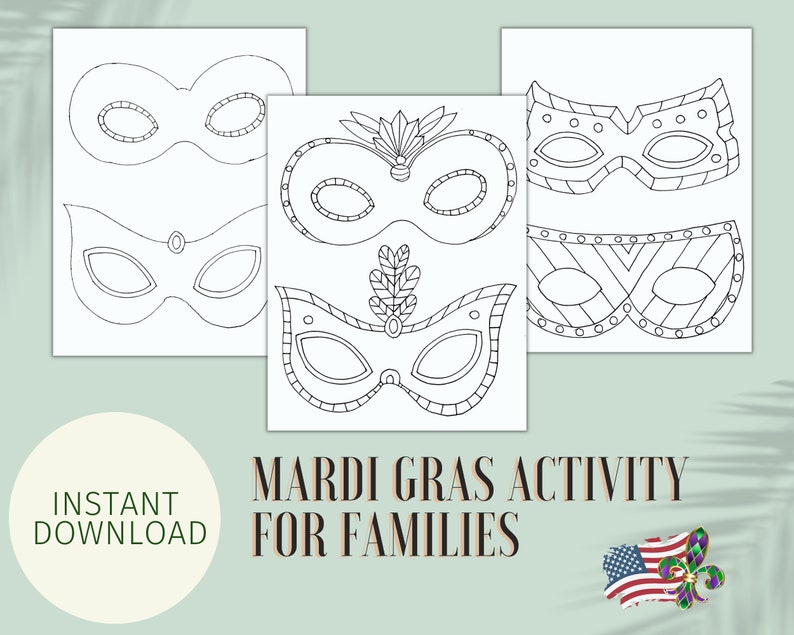 HAND DRAWN Mardi Gras Coloring Activity for Kids, Mask Colouring Pages ...