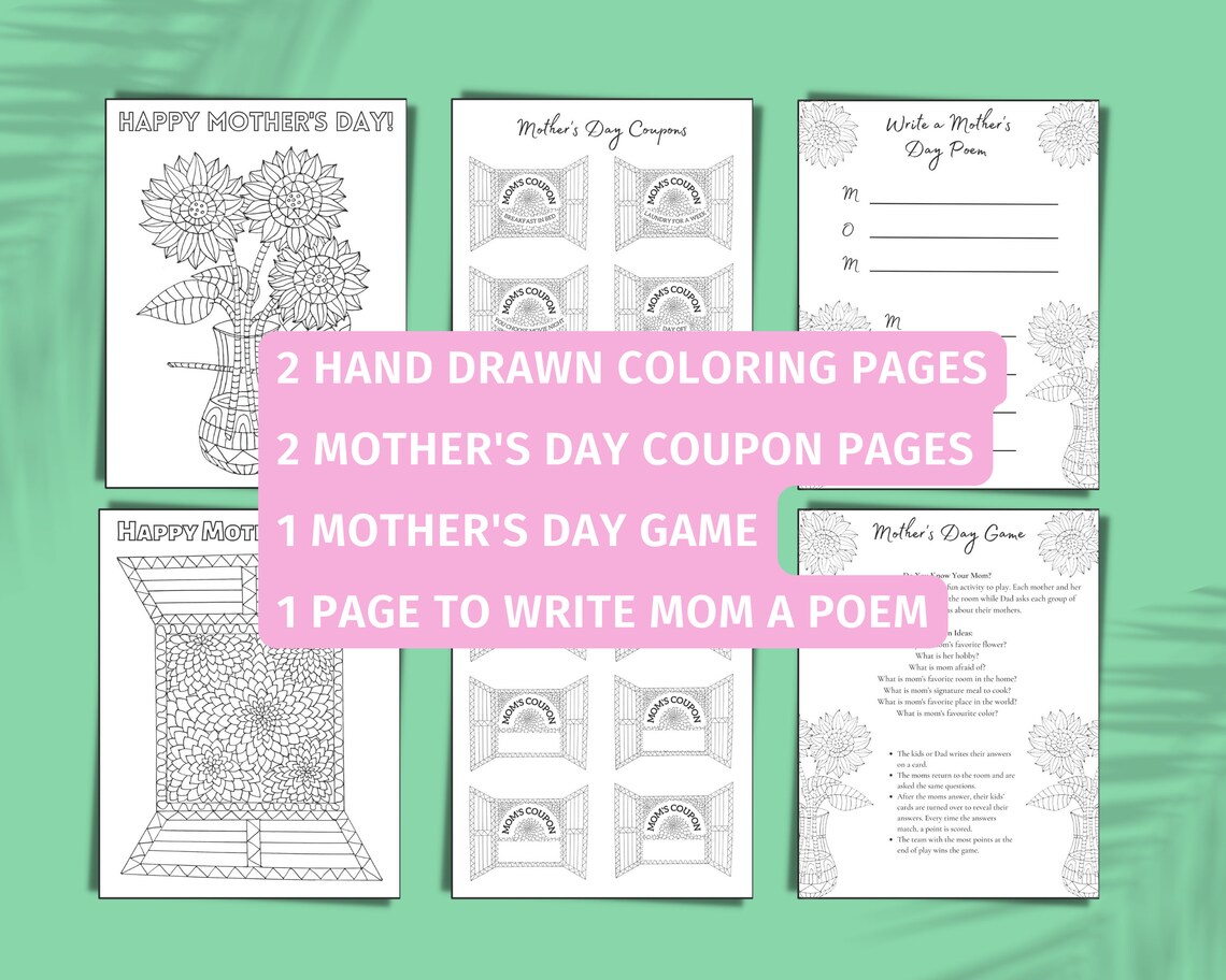MOTHER’S DAY COLORING Pages/sheets, Mother’s Day Game Activity, Floral ...
