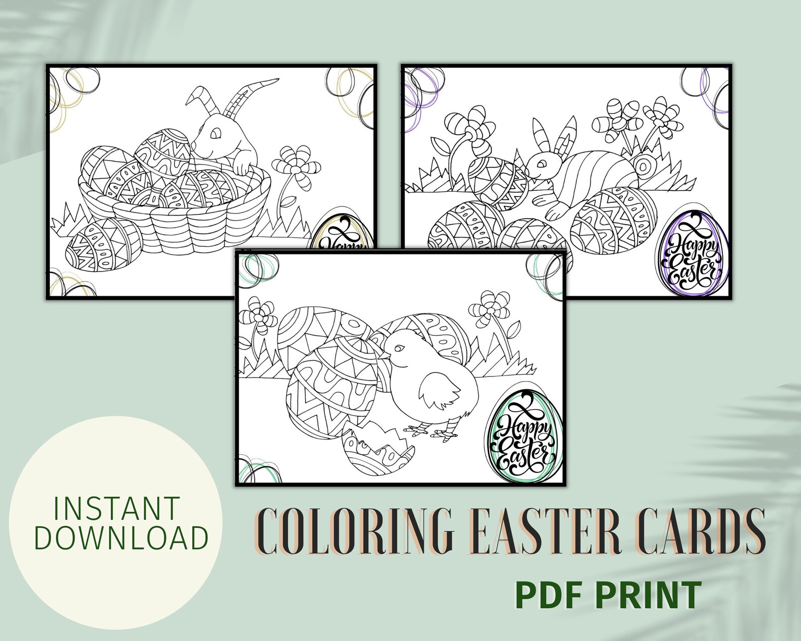 Printable Easter Cards, Pysanky Coloring Cards, Easter Bunny, Easter ...
