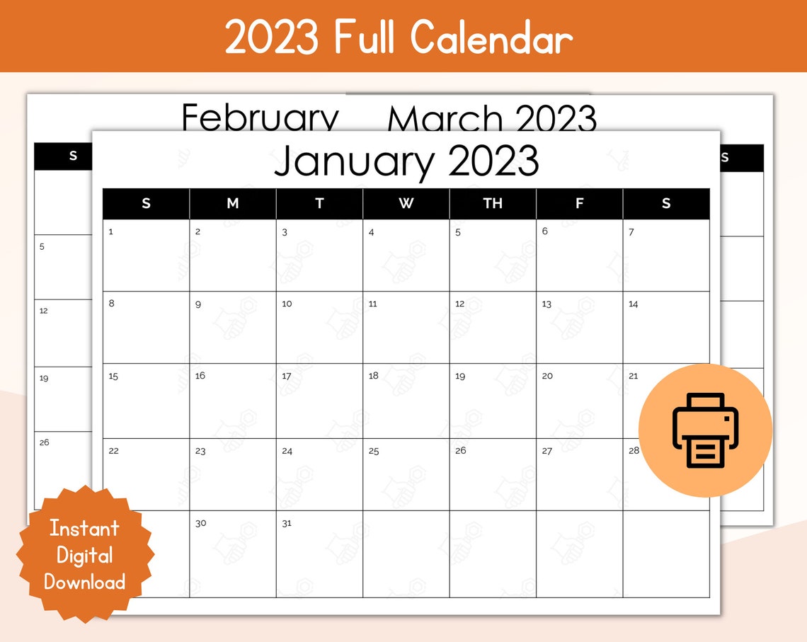 2023 Calendar / Printable 2023 Full 12 Month Calendar/ Printable ...