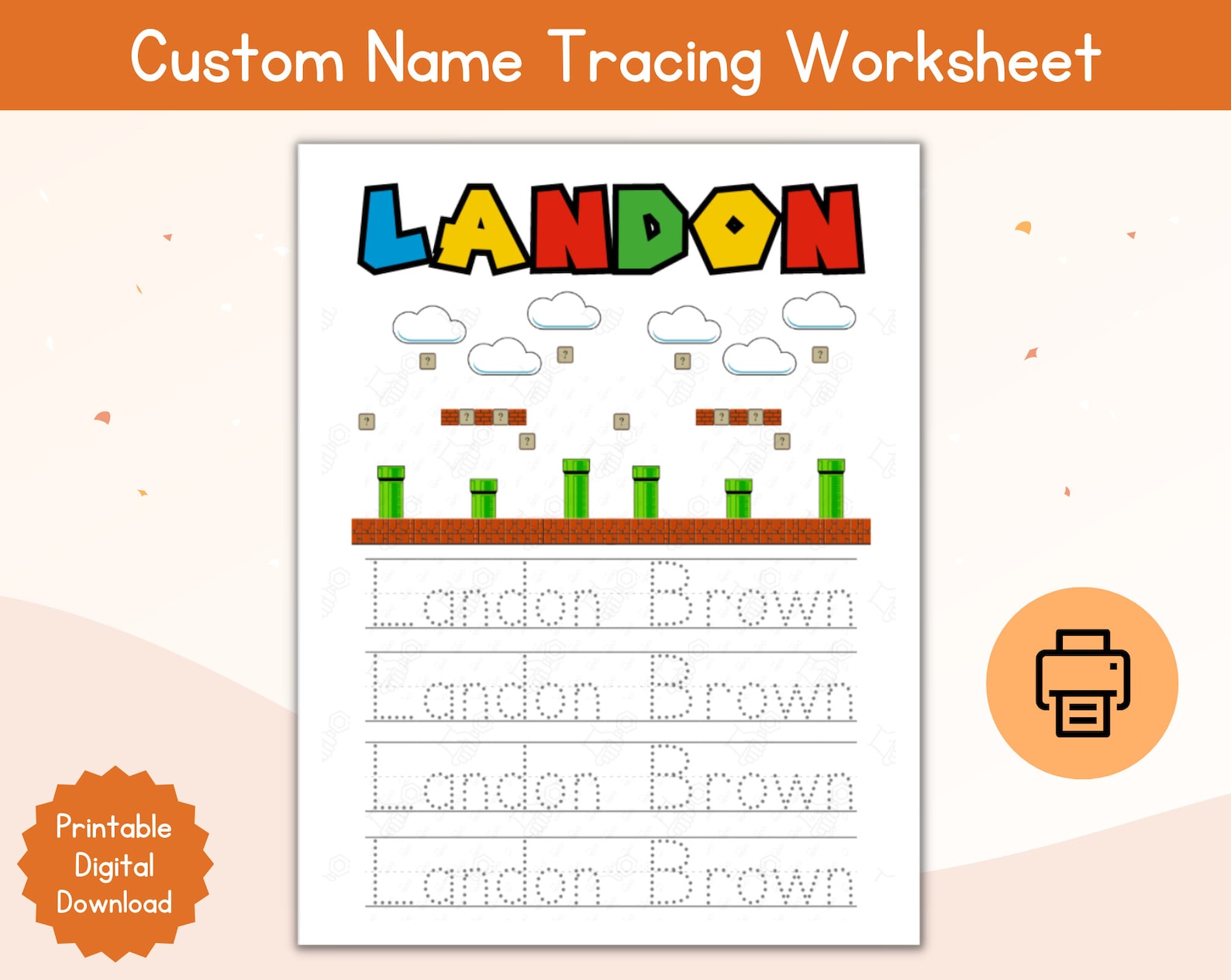 Super Mario Inspired Name Tracing Worksheet / Personalized Name Tracing ...
