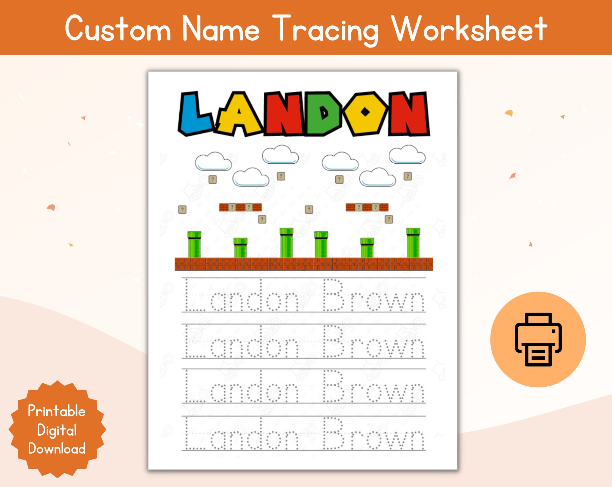 Super Mario Inspired Name Tracing Worksheet / Personalized Name Tracing ...