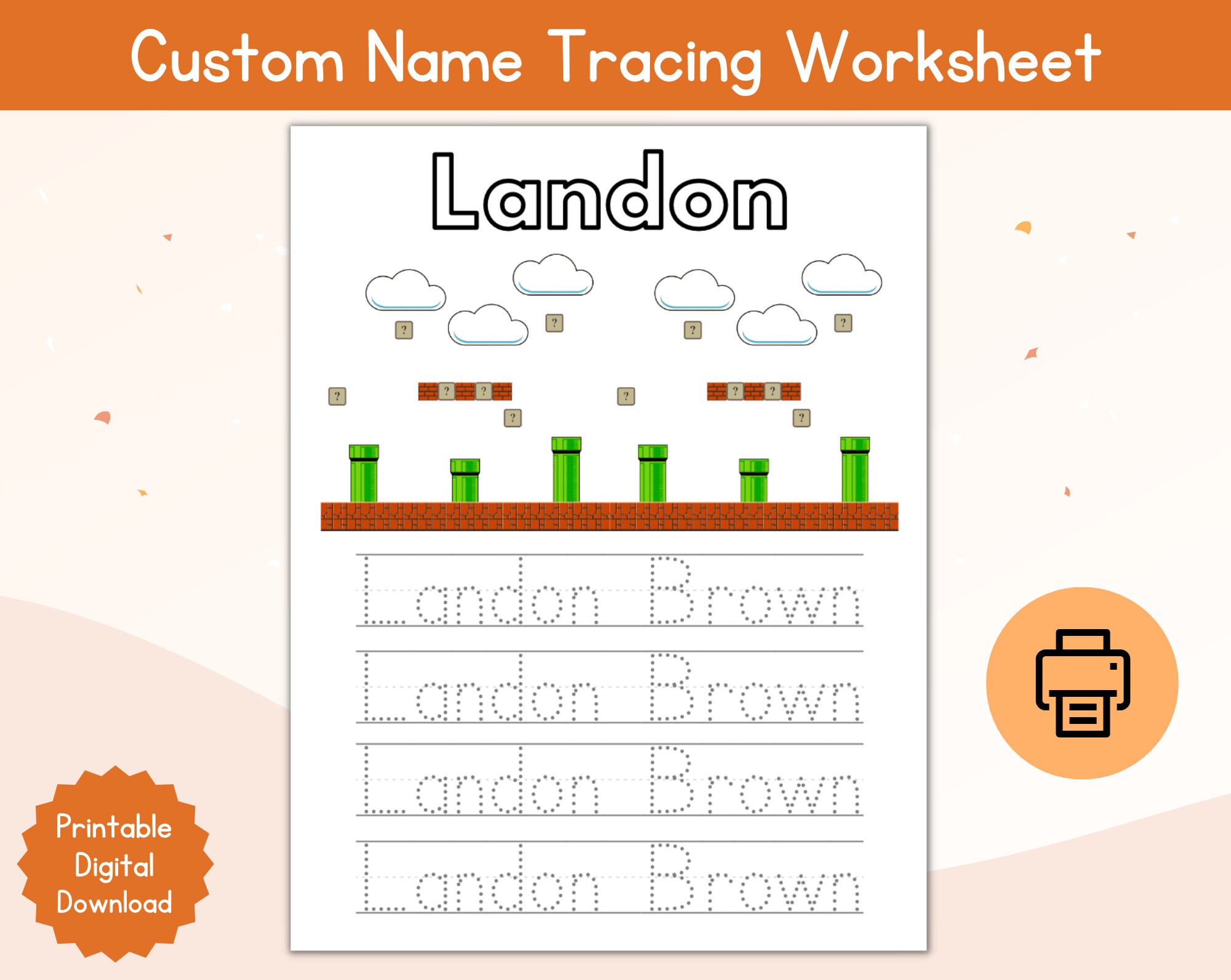 Super Mario Name Tracing Custom Worksheet / Personalized First Name ...