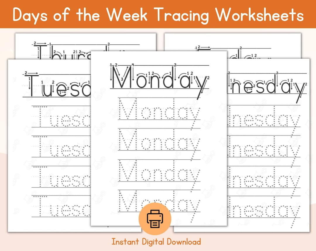 Days of the Week Tracing Worksheets / Tracing Printable for Pre-k ...