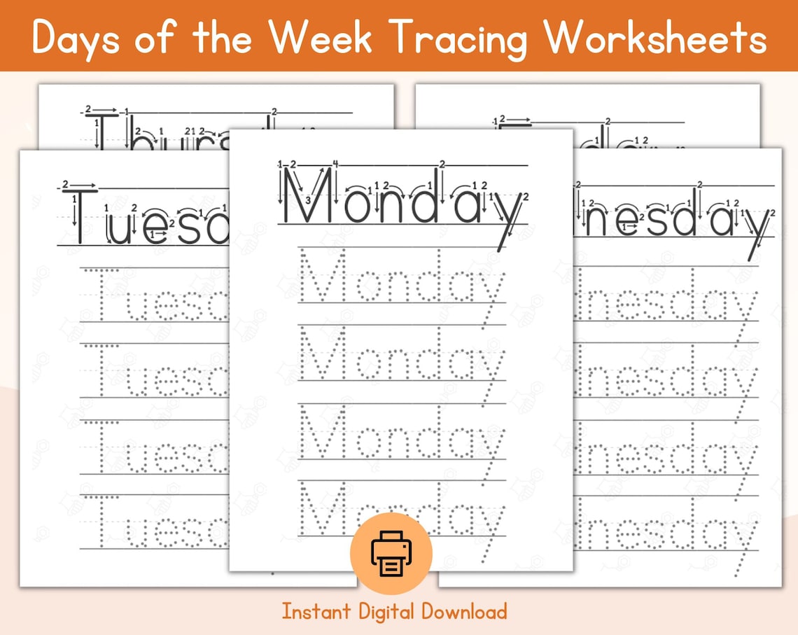 Days of the Week Tracing Worksheets / Tracing Printable for - Etsy