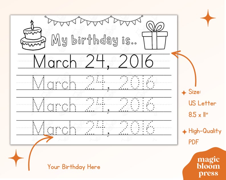 Birthday Tracing Custom Worksheet / Personalized Birthdate Tracing Name ...