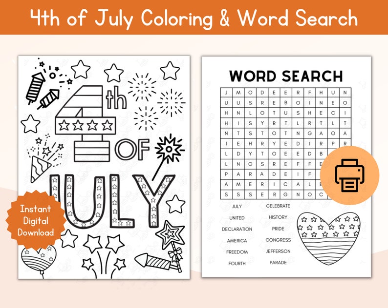 4th of July Coloring Page / 4th of July Word Search / Printable Fourth ...