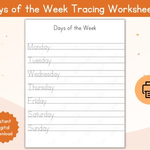 Days of the Week Tracing Worksheet / Tracing Printable for Pre-k ...