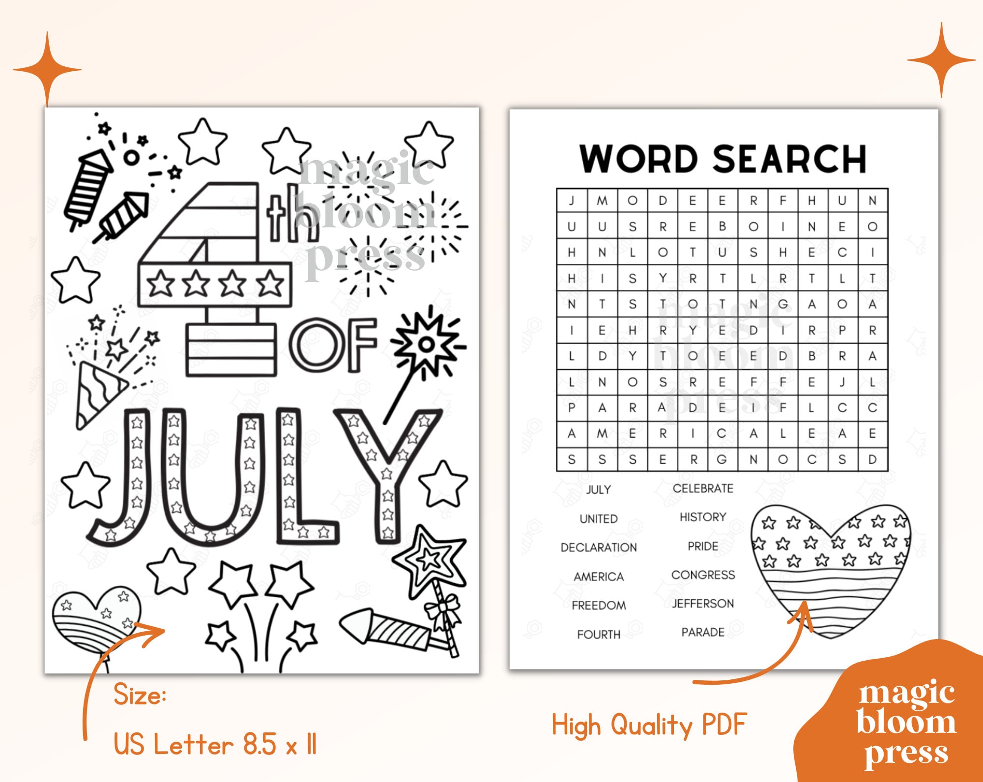 4th of July Coloring Page / 4th of July Word Search / Printable Fourth ...