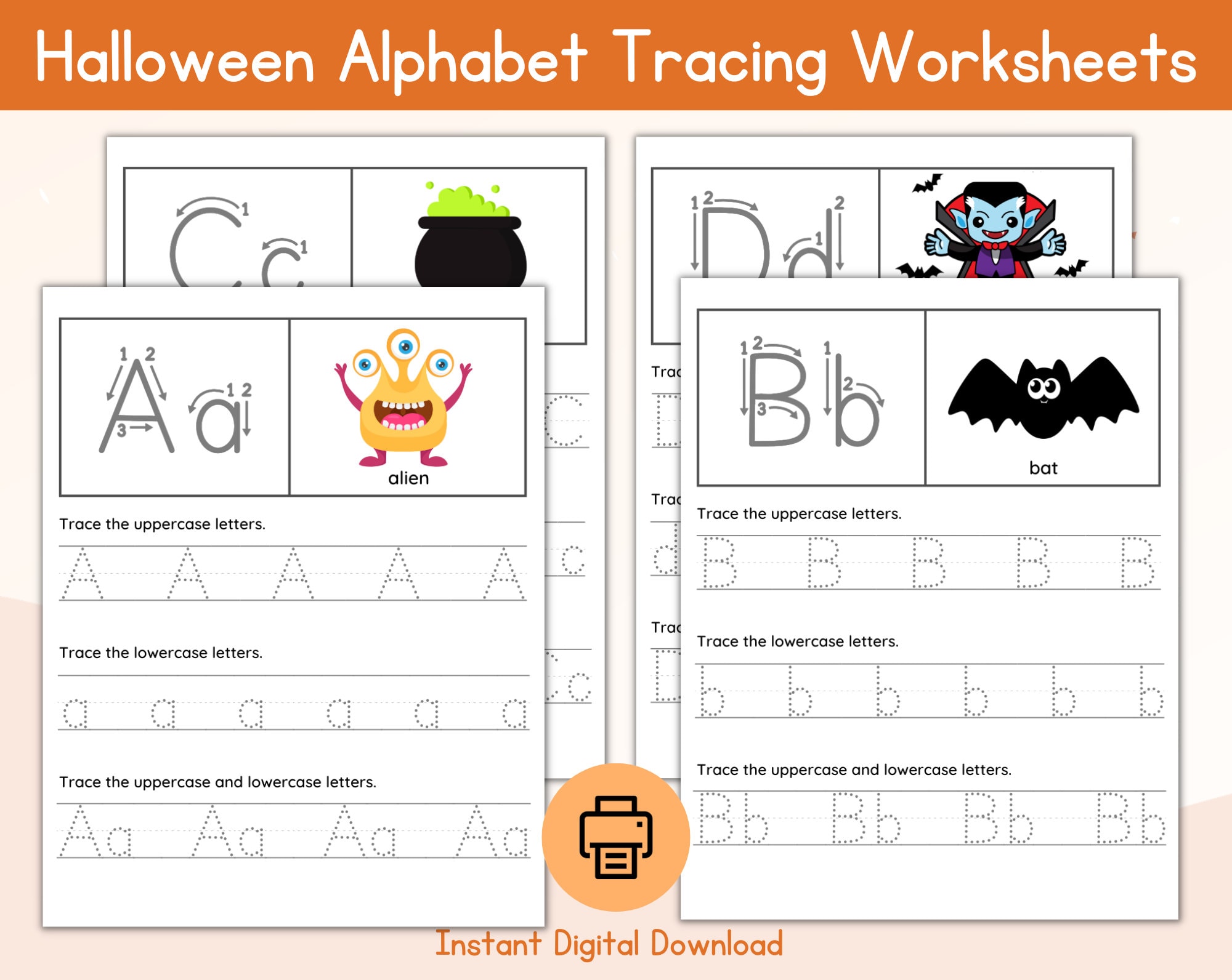 Halloween Alphabet Tracing Worksheets A-Z / ABC Halloween - Etsy