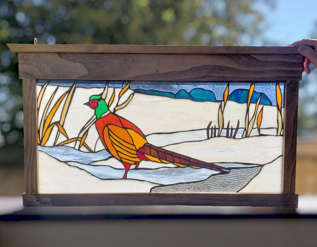 Vintage Pheasant Stained Glass Panel / Winter Scene / Custom Craftsman ...