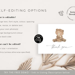 Teddy Bear Thank You Card, Teddy Bear Baby Shower Thank You Card, Teddy ...