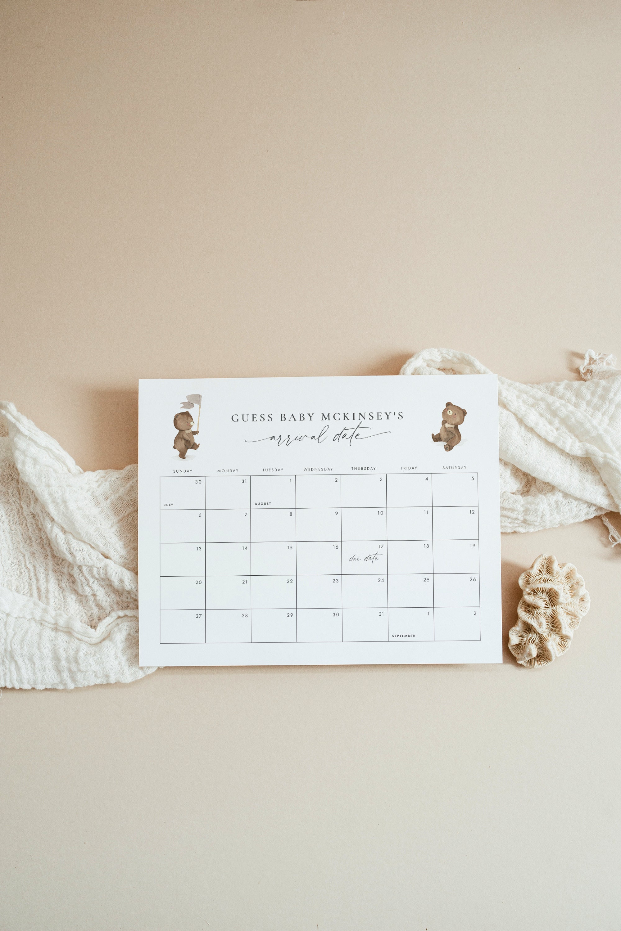 REMI Teddy Bear Baby Shower Due Date Calendar, Baby Shower Game, Bear ...