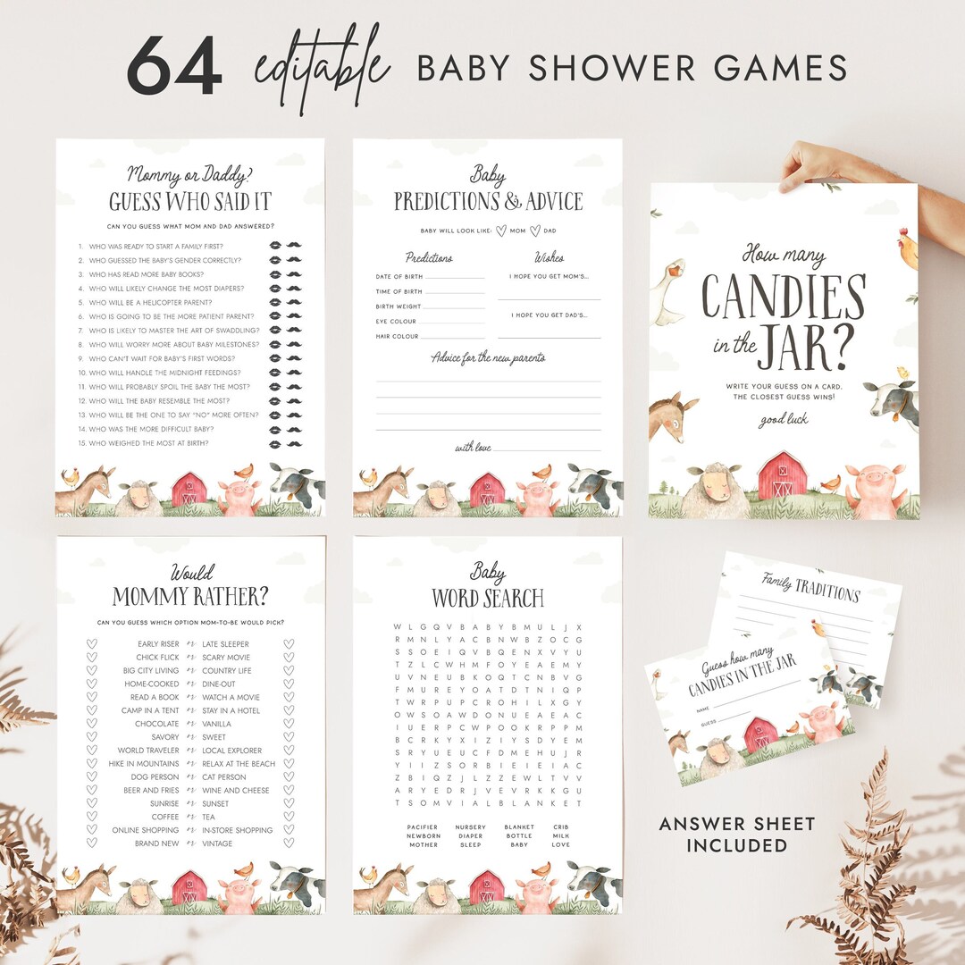 Barnyard Baby Shower Games, Farm Animals Baby Shower Game, Baby Animals ...