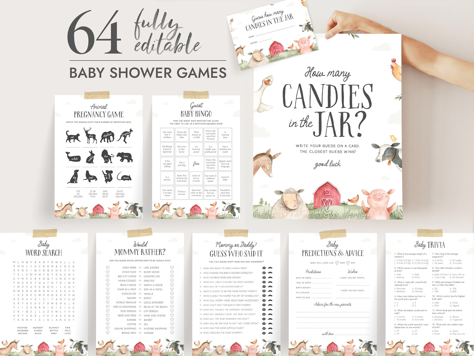 Barnyard Baby Shower Games, Farm Animals Baby Shower Game, Baby Animals ...