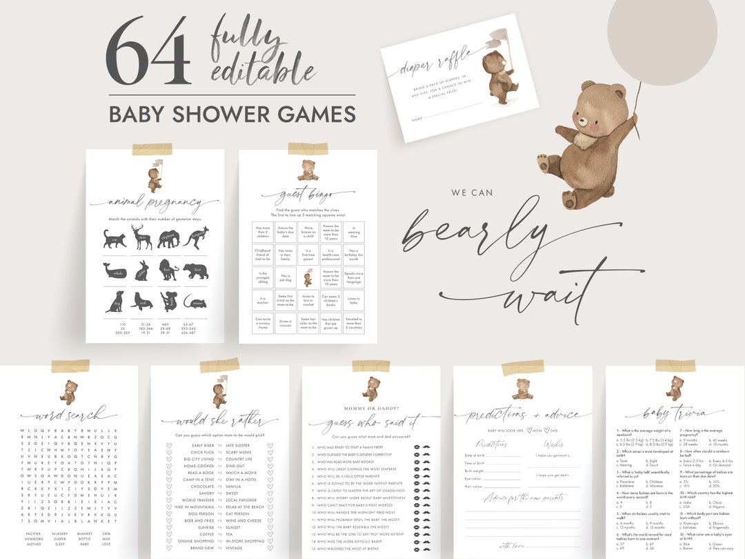 Teddy Bear Baby Shower Games, We Can Bearly Wait Theme (digital ...