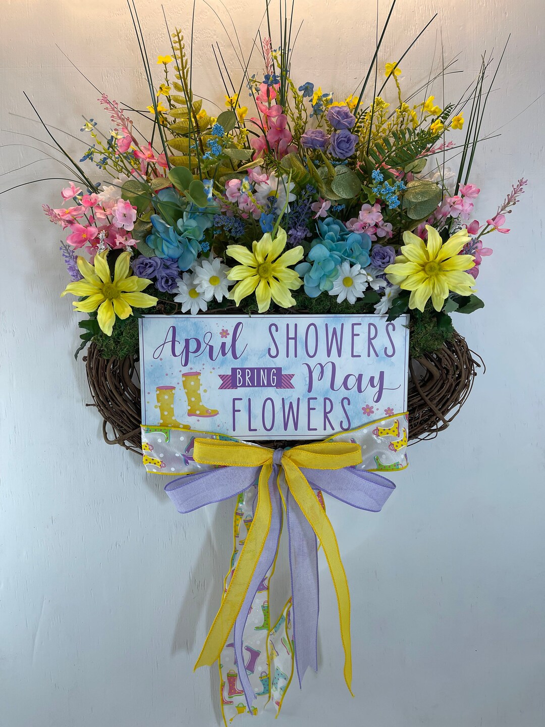 April Showers Bring May Flowers Wreath, Rain Boots and Ribbons - Etsy